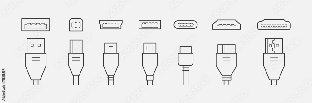 Cable connectors and plugs line icons set . USB, HDMI, ethernet icon ...