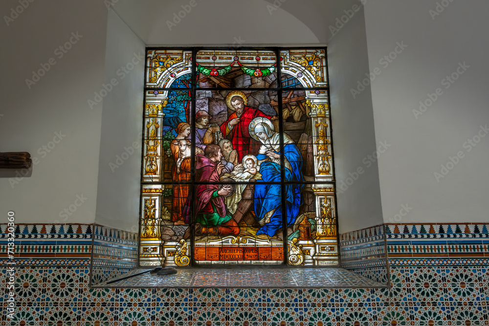 Stained glass mosaic mural of biblical theme window of an old Christian ...