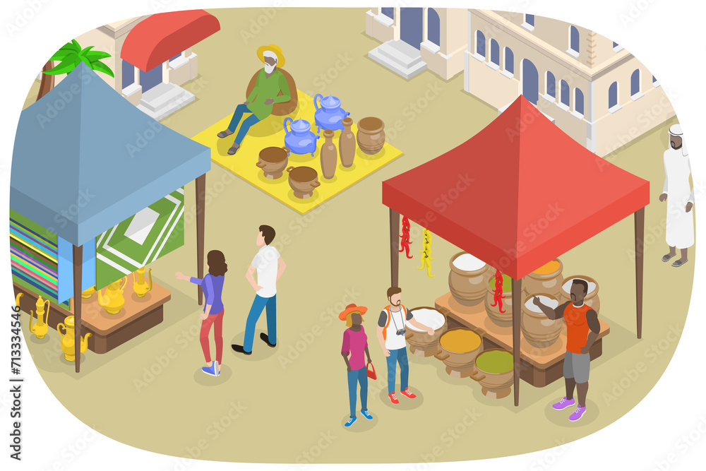 3D Isometric Flat Conceptual Illustration of Arabic Bazaar, Middle ...