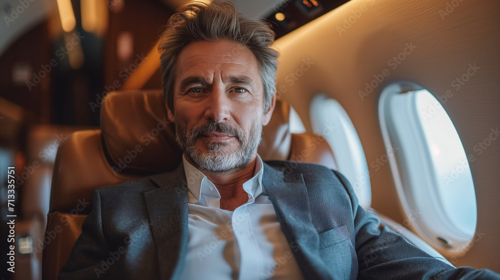portrait of a middle-aged businessman in an airplane cabin, business ...