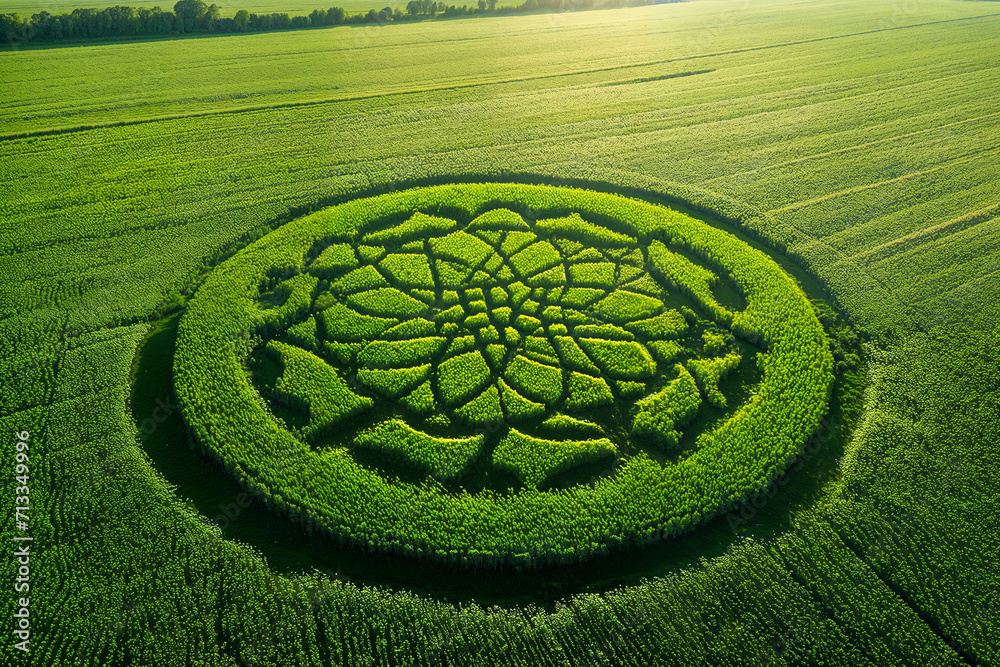 Geometric alien crop circle in green field, artist impression, conspiracy theory, UFO Stock ...