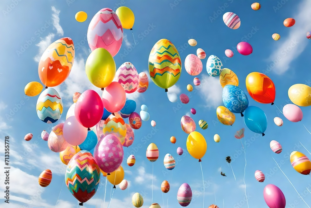 Festive Easter egg balloon bouquets floating in the sky, creating a ...