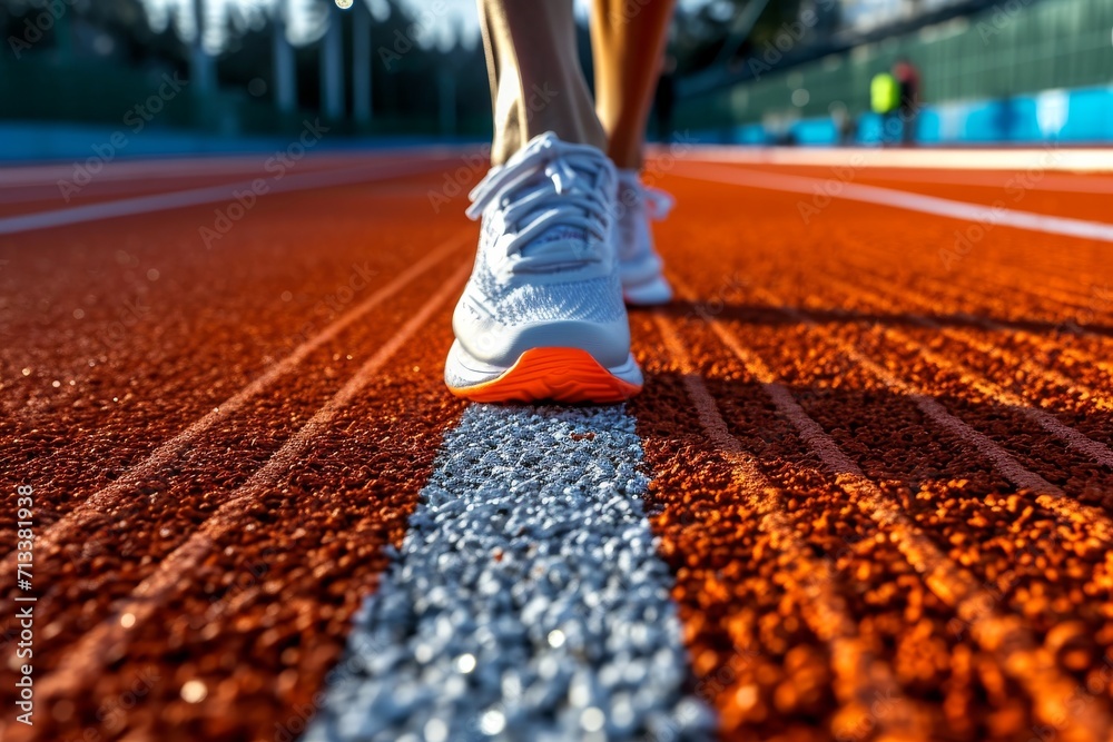 Extreme close-up of a sprinter's spikes on the track at the start line ...