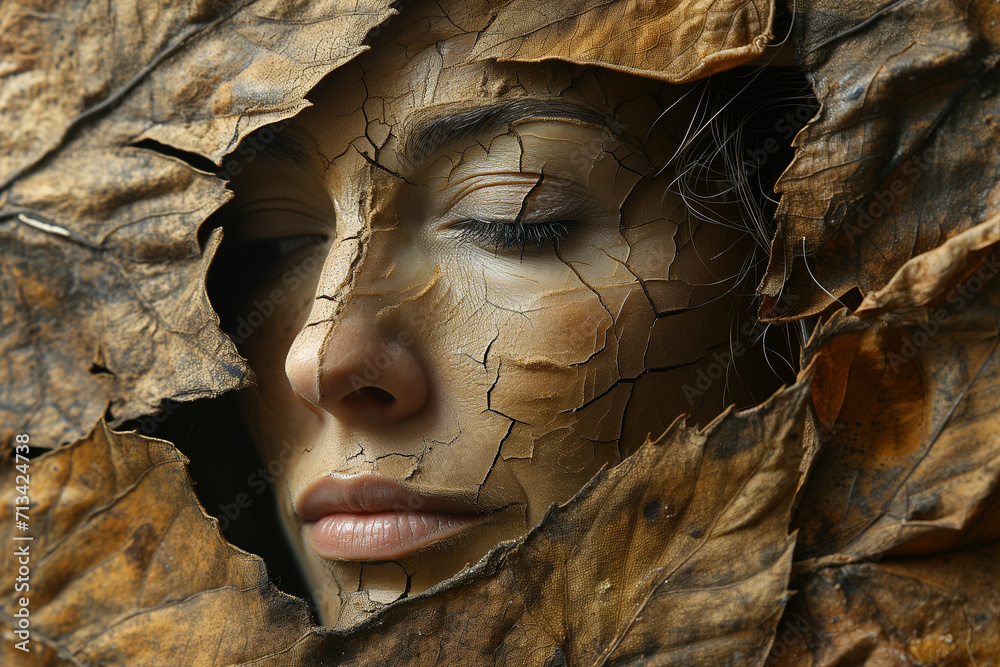 Illustration Stock A woman's face with cracked skin and framed by dry ...