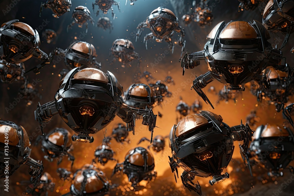 Future sci-fi robots, sci-fi aliens, swarm of security drones with ...