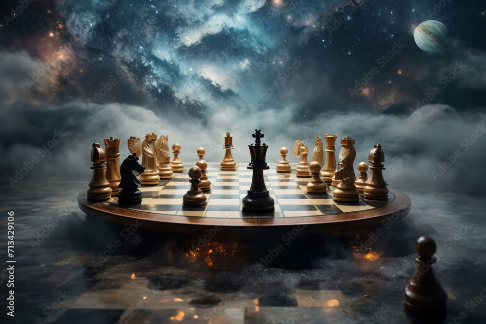 Chess, an otherworldly chess match taking place on a floating platform ...