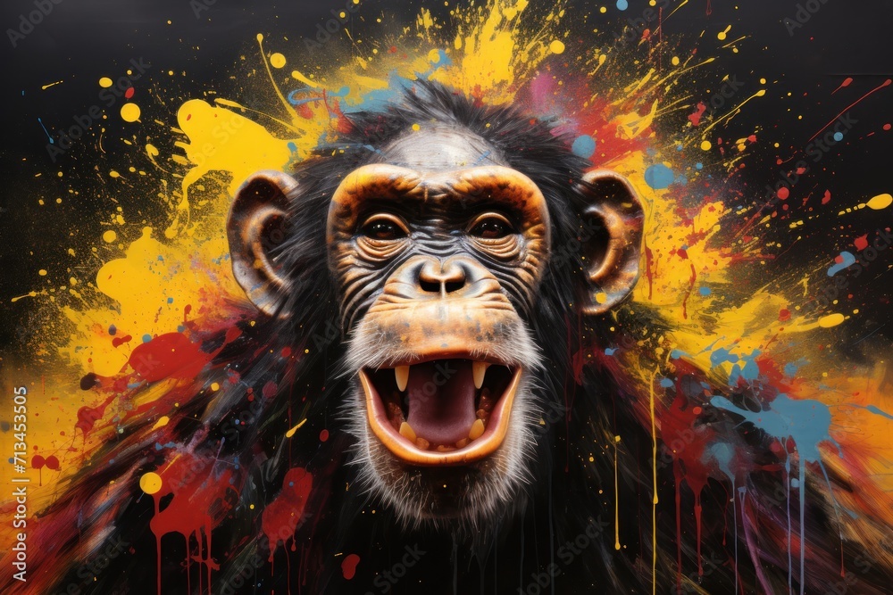 a painting of a monkey with paint splatters all over it's face and ...