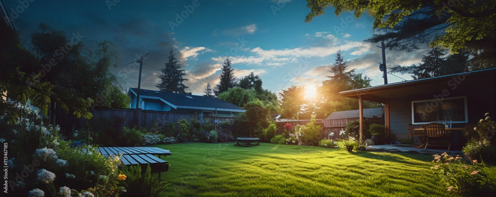 Backyard backdrop from a suburb at golden hour, green foliage and ...