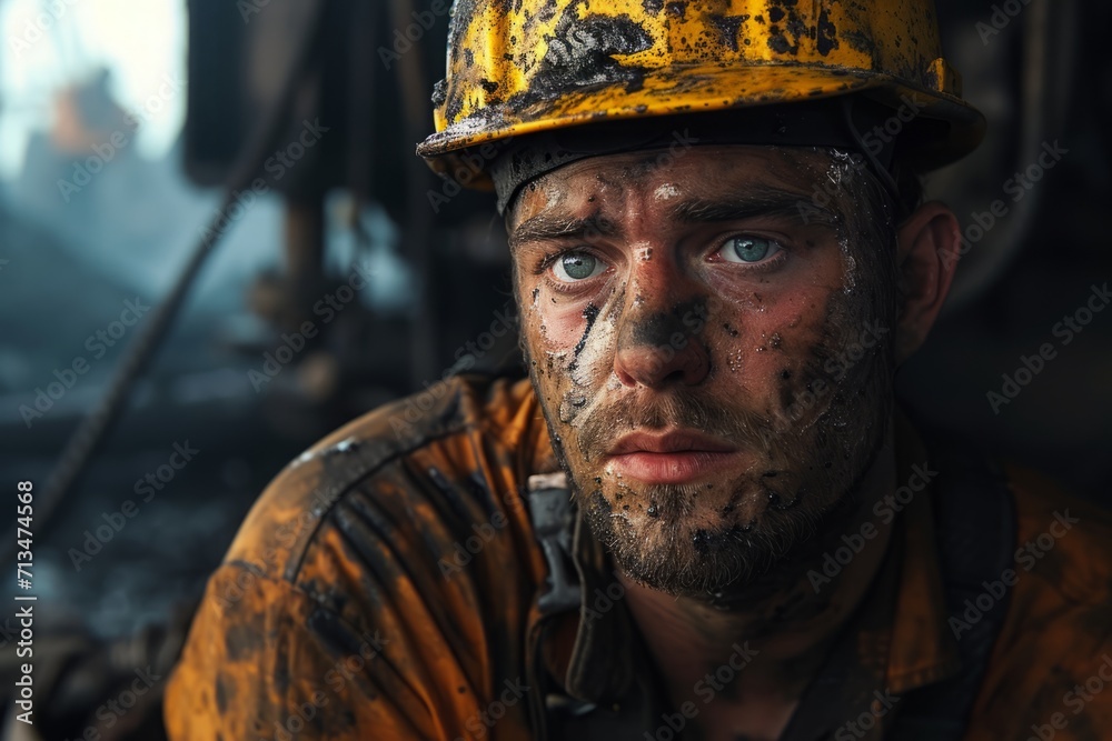 Gritty portrait of a male worker with a soiled hard hat, reflecting the ...