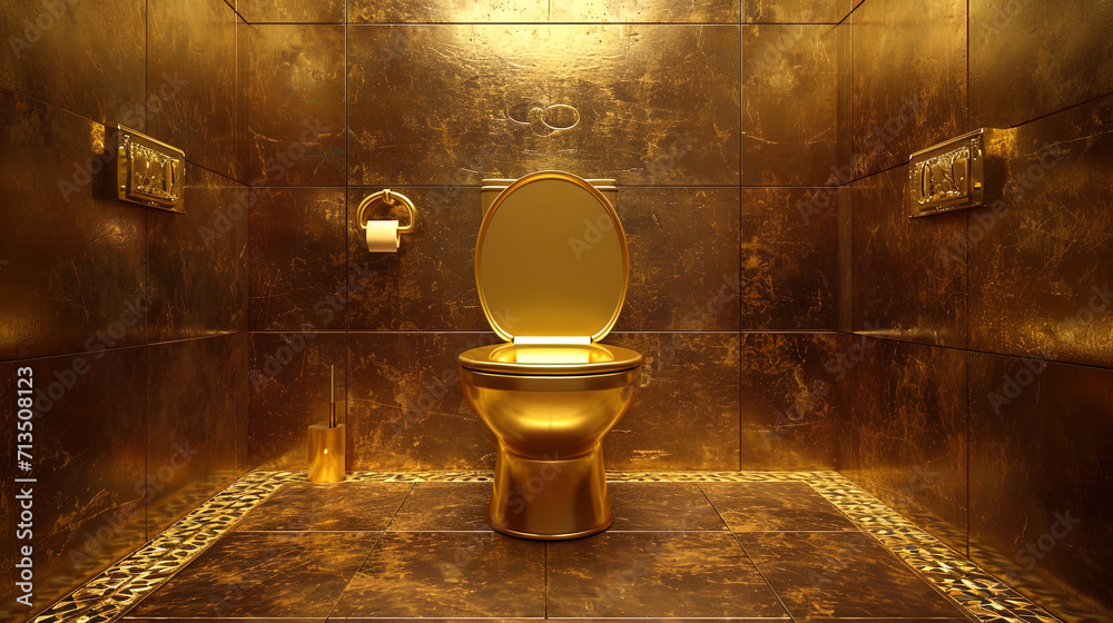 The photo captures the unique splendor of the golden toilet, giving it ...