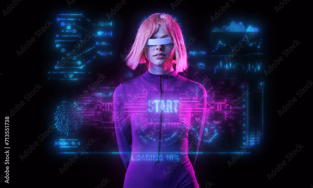 Woman in futuristic costume with flowing hair. Female in modern VR ...
