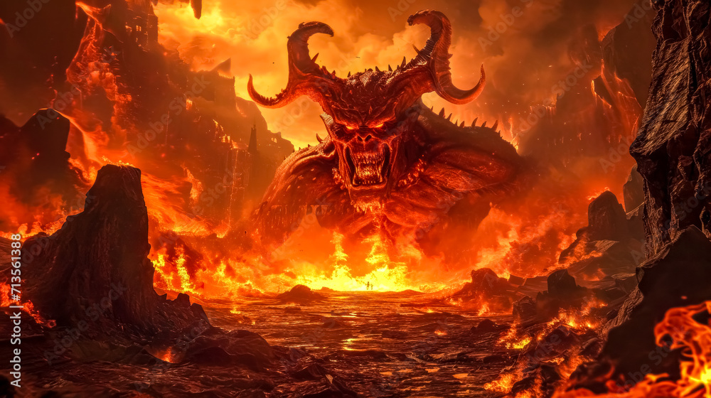 hell, towering, horned demon looming over a fiery hellscape, with an ...