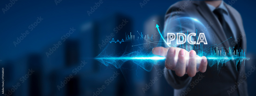 PDCA. Businessman Holding PDCA Cycle Icon and Global Network with ...