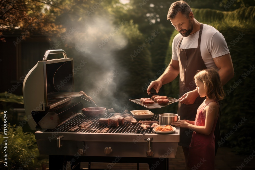 Father and his daughter doing barbecue in the garden. Dad grilling ...