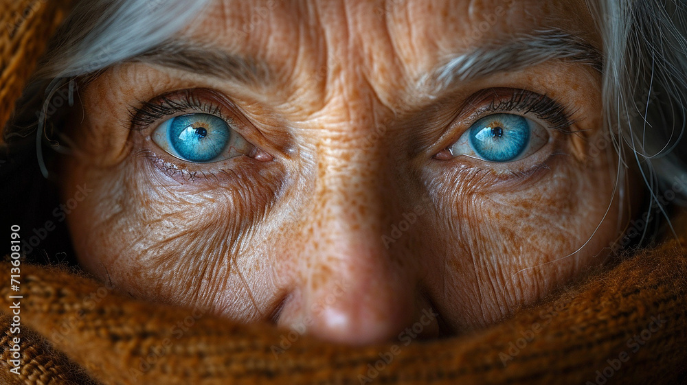 Ultra close up of the face of an elderly woman with wrinkles and ...