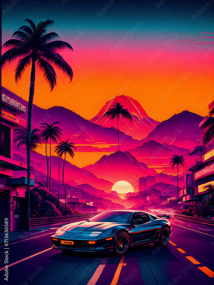 synthwave sunset scenery, a supercar driving down the road on an orange ...
