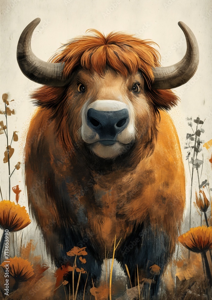 cow horns standing field fluffy bangs based haggis wildflowers cute ...