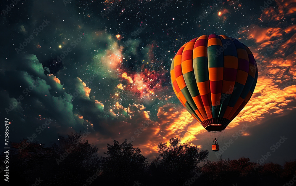 Vibrant hot air balloon soaring through the night sky with stars and ...