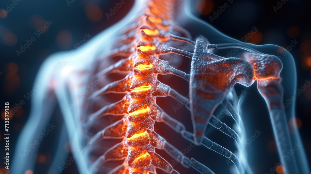 3D render of a human lumbar spine demonstrating herniated disc ...