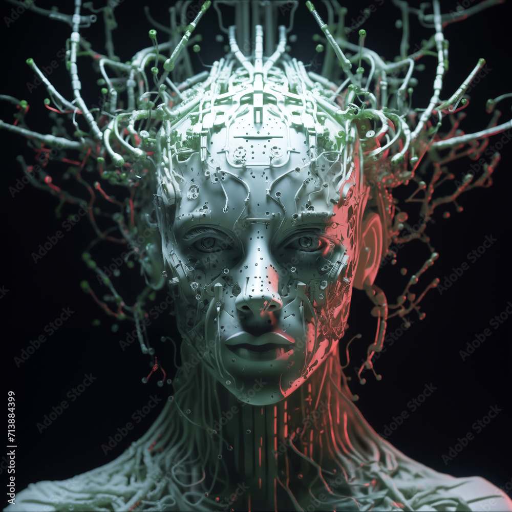 biomechanical robot, android, with wires on head, humanoid on a dark ...