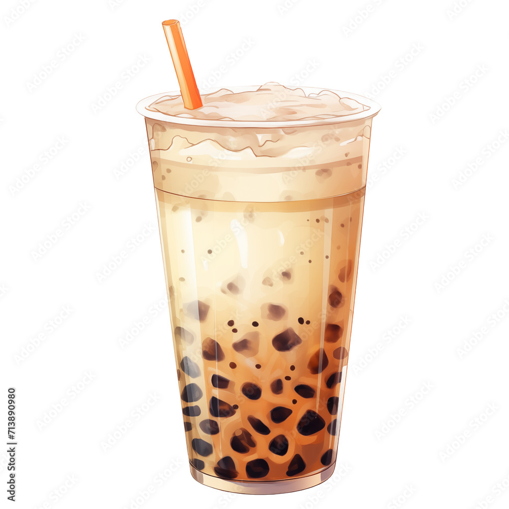 Bubble milk tea / boba tea vanilla asian drink watercolor illustration ...