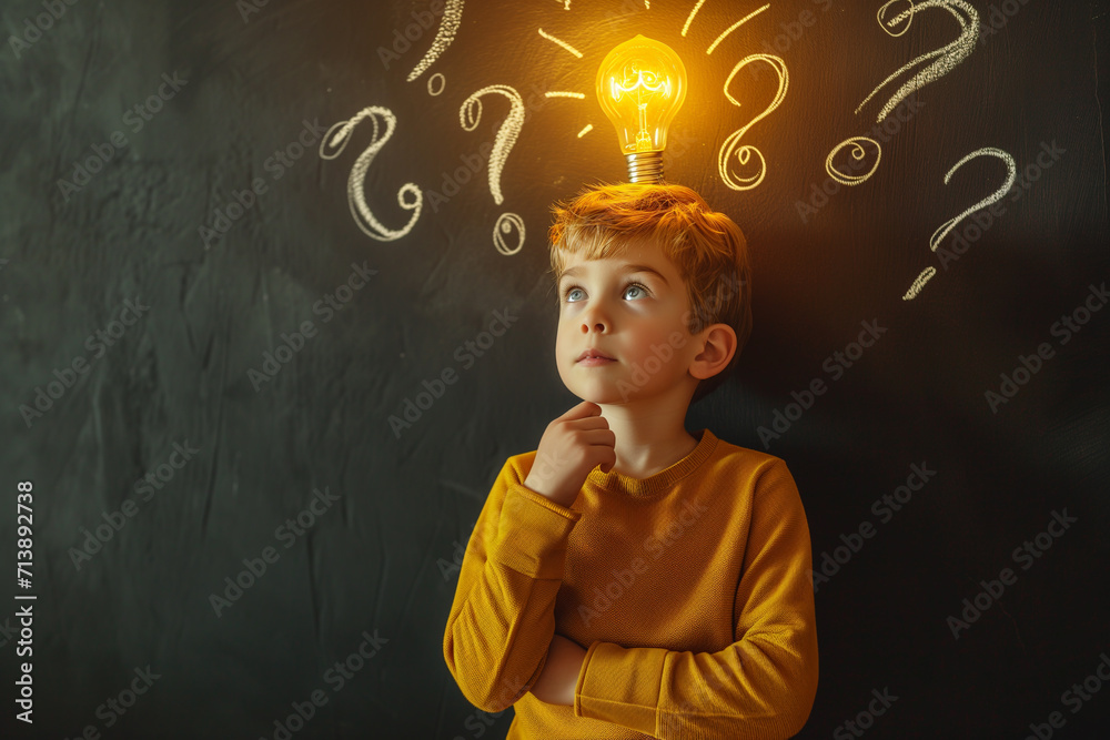 Thinking child boy on black background with light bulb and question ...