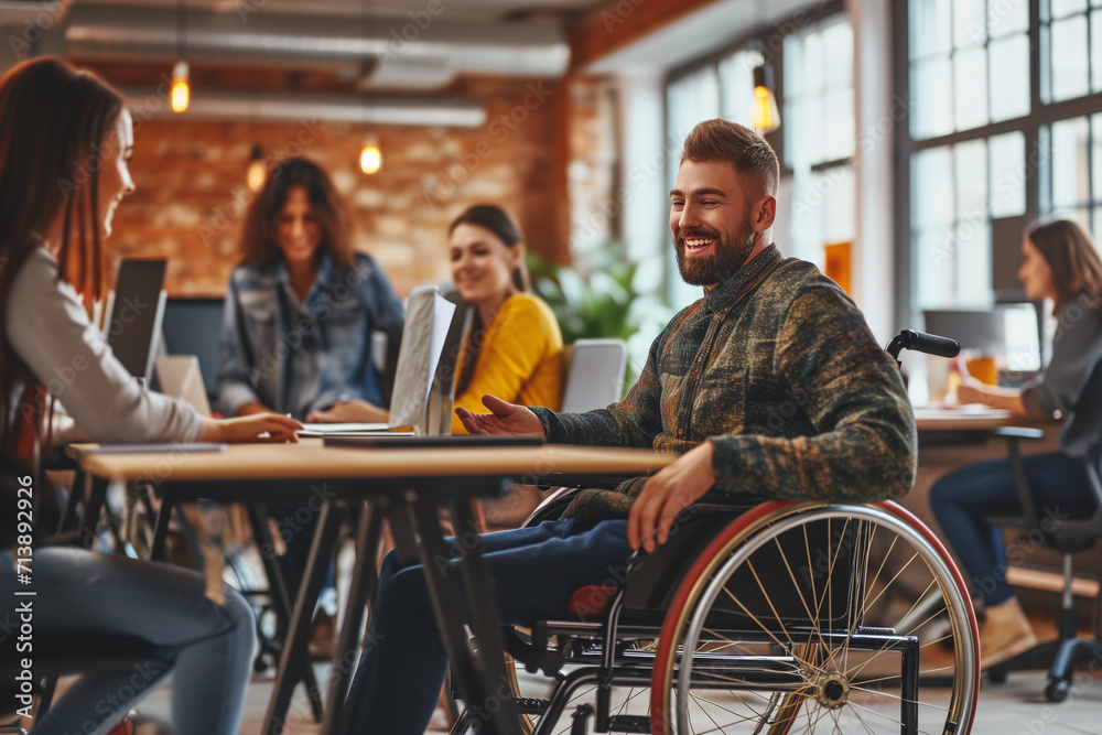 Happy man with disability and his colleague working in the office ...