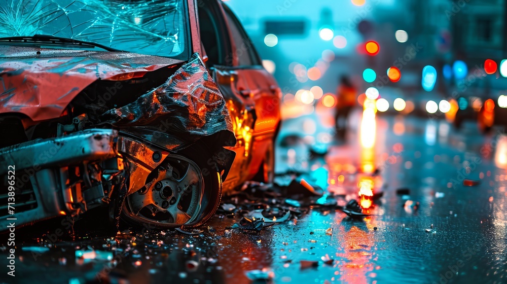 Dramatic car collision on busy city road with emergency vehicles and ...