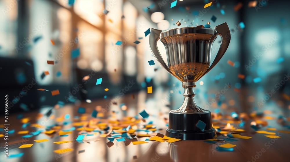 A gleaming gold winners trophy cup takes center stage amidst a shower ...