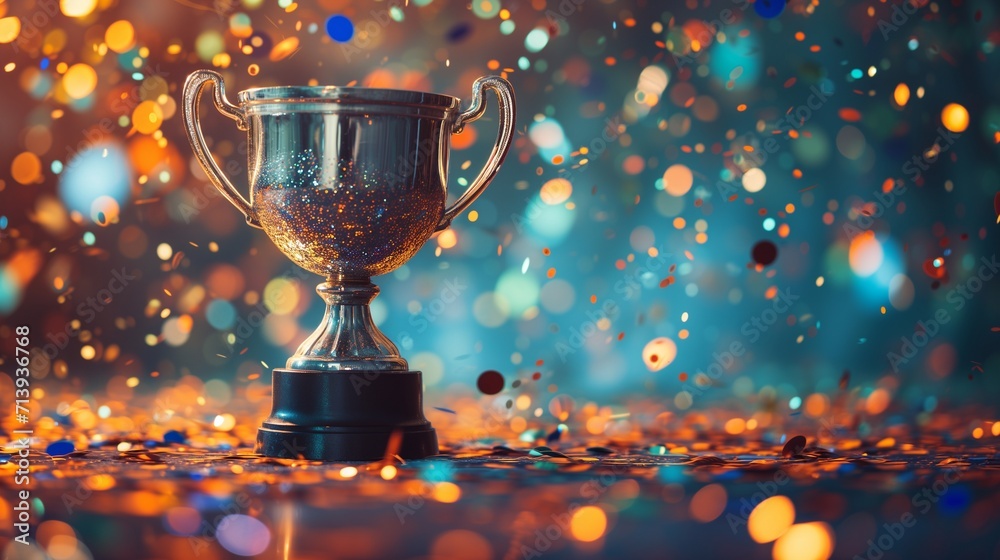 A gleaming gold winners trophy cup takes center stage, surrounded by a ...