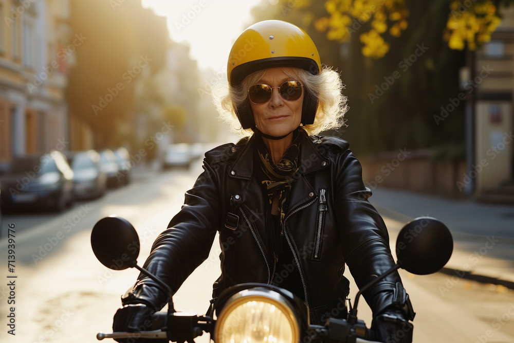 Stock-Foto „Senior woman Couple On Motorcycle. Grandmother with yellow ...