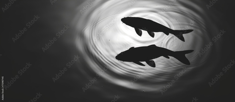 Silhouetted fish in calm water with front shadow and top right light ...
