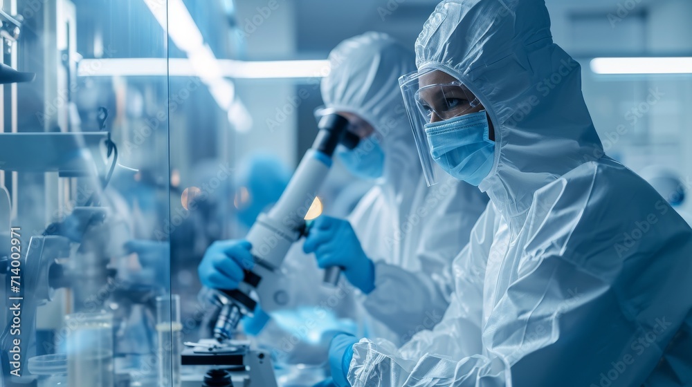 Scientists in Sterile Cleanroom Suits Control Manufacturing Machinery Work and Use Microscopes ...