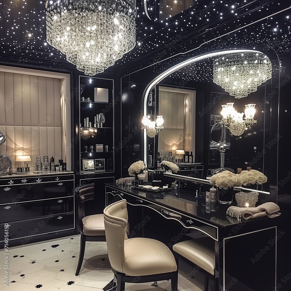 makeup room designed in a luxurious black and white theme, featuring a ...