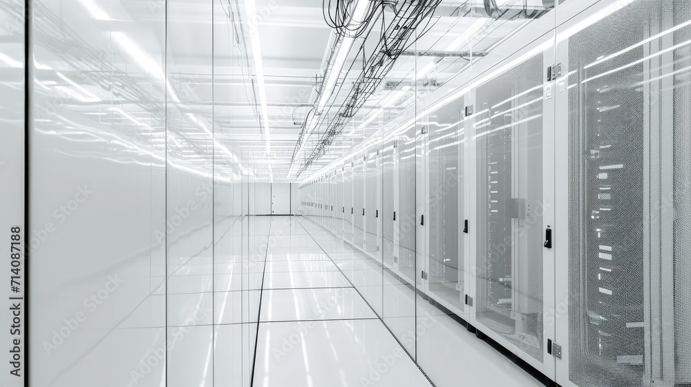 Organized, efficient server room with white walls, bright fluorescent ...