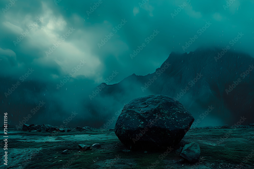 Capture a cinematic 35mm film scene: a boulder rolling down a mountain ...