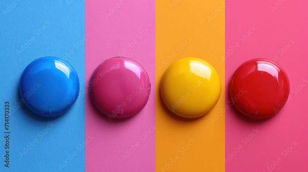 a group of three different colored buttons on a multicolored surface ...
