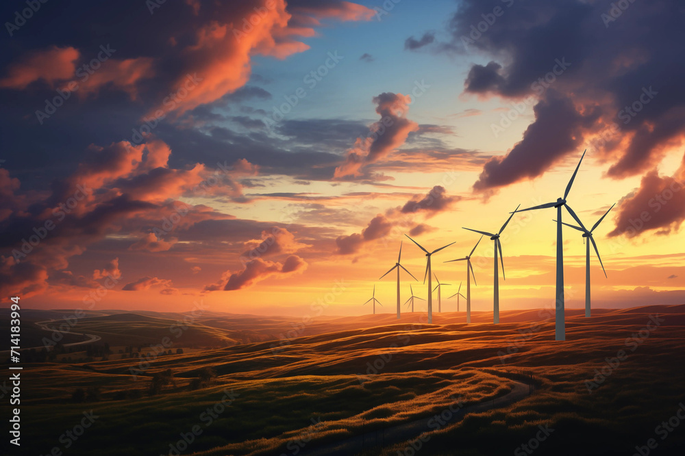 Wind farm landscape against sunset sky. Wind energy. Wind power ...