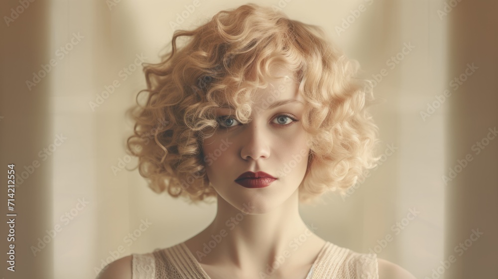 Photorealistic White Woman with Blond Curly Hair retro Illustration ...
