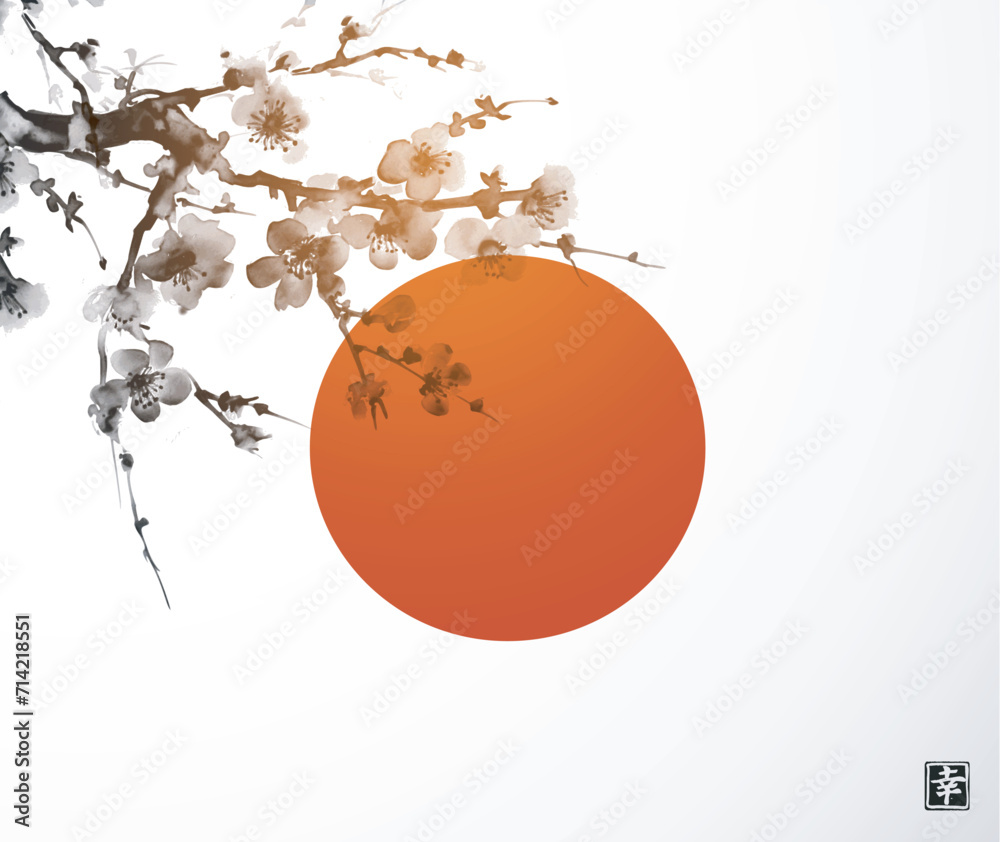 Minimalist sumi-e painting of sakura branch and big red sun on white ...