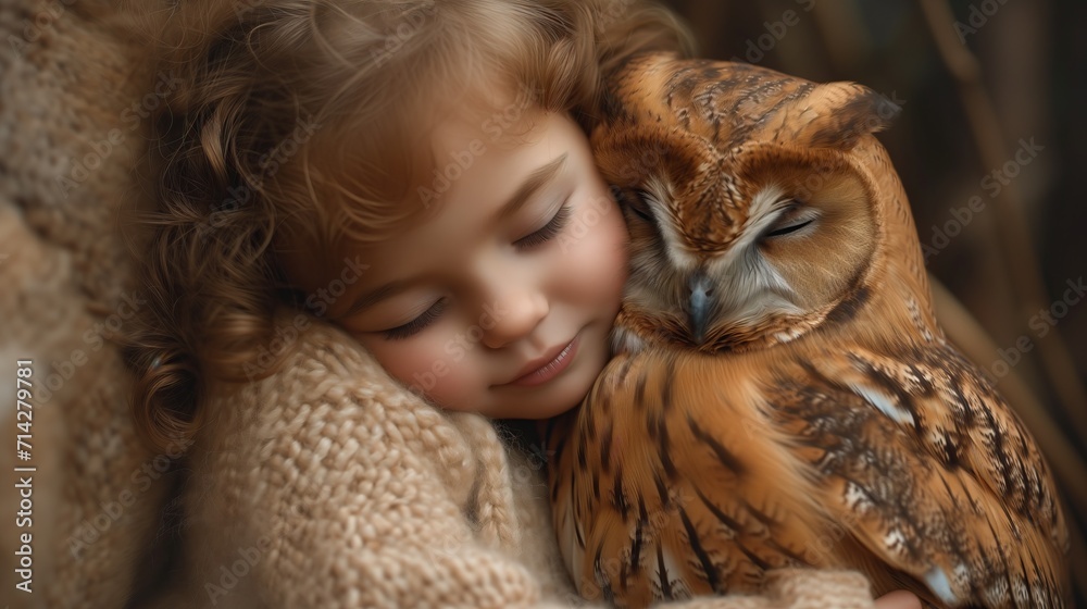 Very beautiful little girl carefully hugging an owl. Poster about ...