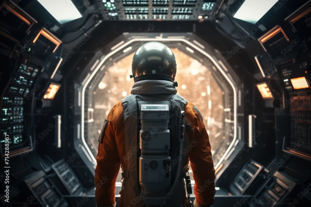 A spaceman in a spacesuit stands in the airlock of a space capsule ...