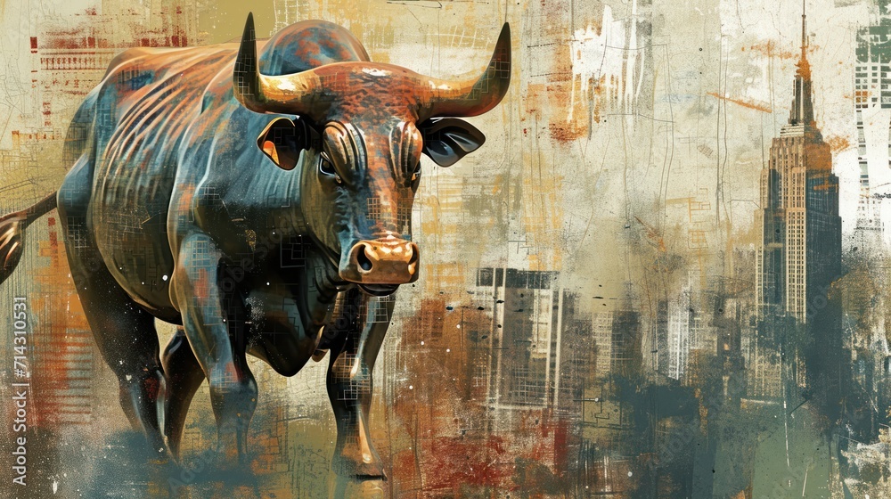 Powerful bull set against a city backdrop, symbolizing a robust and ...