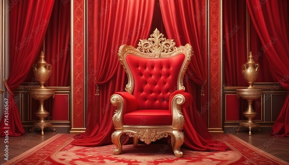 The Throne Room with Red royal chair on a background of red curtains. A ...