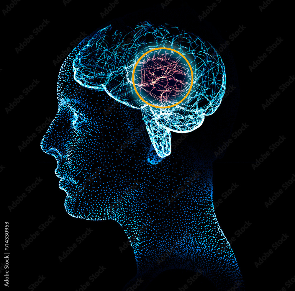 Human brain and man face, side view. X-rays. Degenerative disease ...