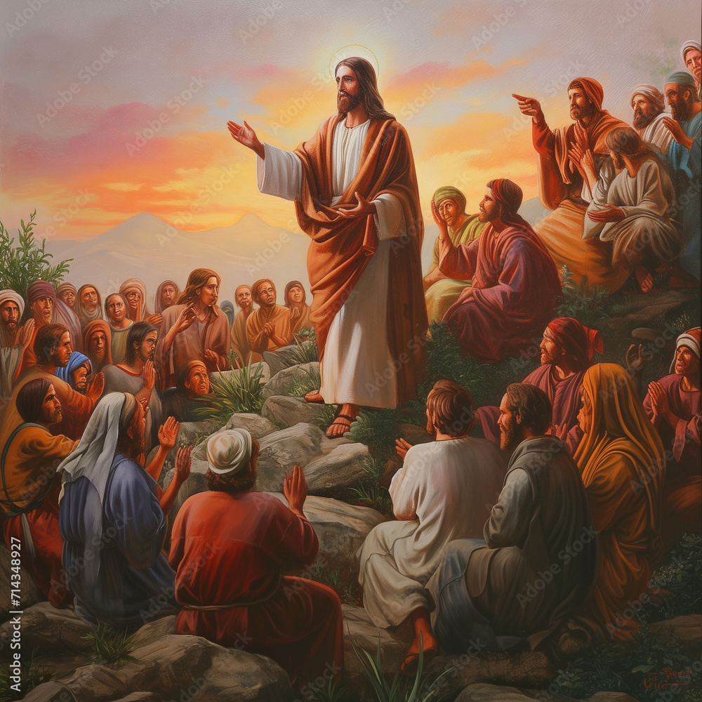 Illustration Stock Jesus Christ stands in front of a large crowd and ...