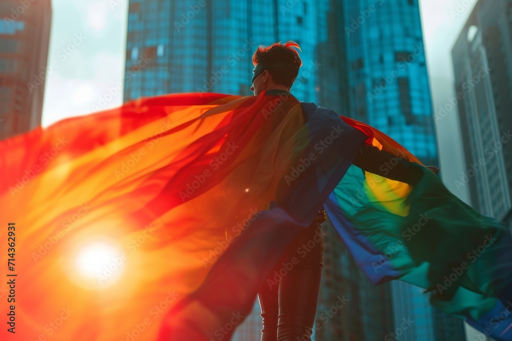Superhero proudly stands with the LGBTQ flag, serving as a guardian and ...