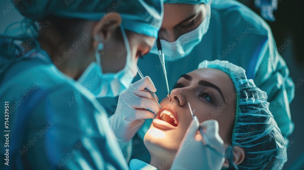 Surgeon and nurse during a dental operation.Anesthetized patient in the ...