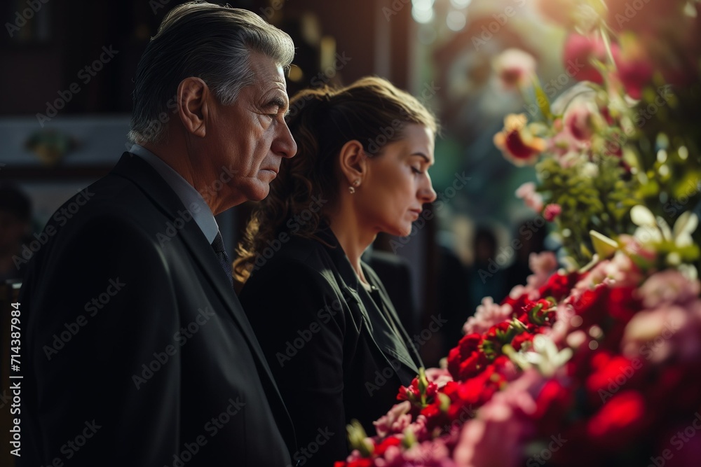sad, funeral and flowers with couple and coffin in church for death ...