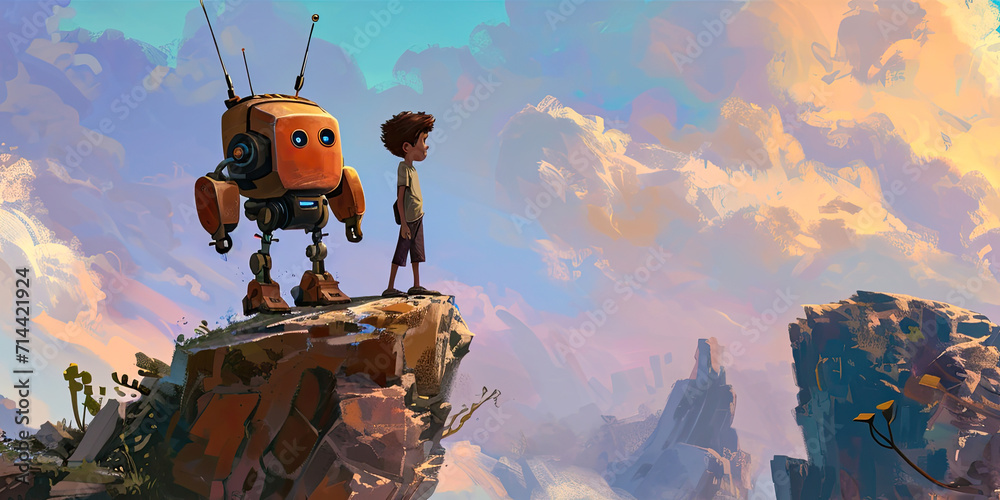 Child with best friend AI robot companion, friendship artificial ...